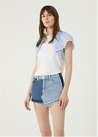 Red Valentino Kadın Beyaz Mavi Çizgili Garni Detaylı T-shirt S EU Red Valentino Kadın Beyaz Mavi Çizgili Garni Detaylı T-shirt S EU