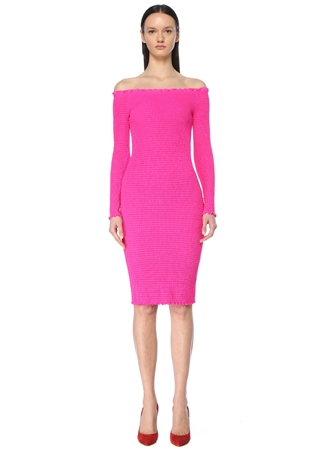 Balenciaga Kadın Şeftali Düşük Omuzlu Büzgülü Midi Elbise Pembe 34 IT