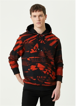 Balmain Erkek Kırmızı Siyah Kapüşonlu Logolu Sweatshirt M EU Balmain Erkek Kırmızı Siyah Kapüşonlu Logolu Sweatshirt M EU