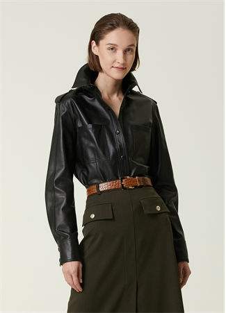 Beymen Collection Kadın Siyah Apoletli Deri Gömlek 34 Beymen Collection Kadın Siyah Apoletli Deri Gömlek 34