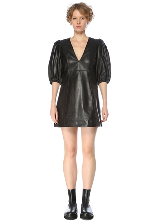 Ganni Kadın Siyah V Yaka Balon Kol Mini Deri Elbise 38 Fr