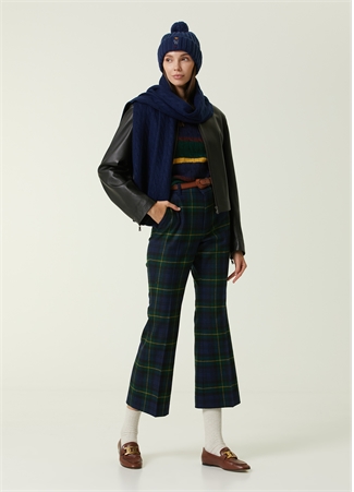 Polo Ralph Lauren Kadın Lacivert Ekoseli Bol Paça Yün Pantolon 8 US