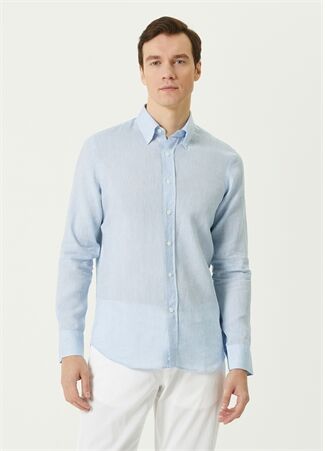 Canali Erkek Mavi Düğmeli Yaka Keten Gömlek L EU Canali Erkek Mavi Düğmeli Yaka Keten Gömlek L EU