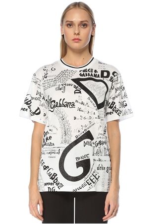Dolce&Gabbana Kadın Siyah Beyaz Logo Baskılı T-shirt 40 IT