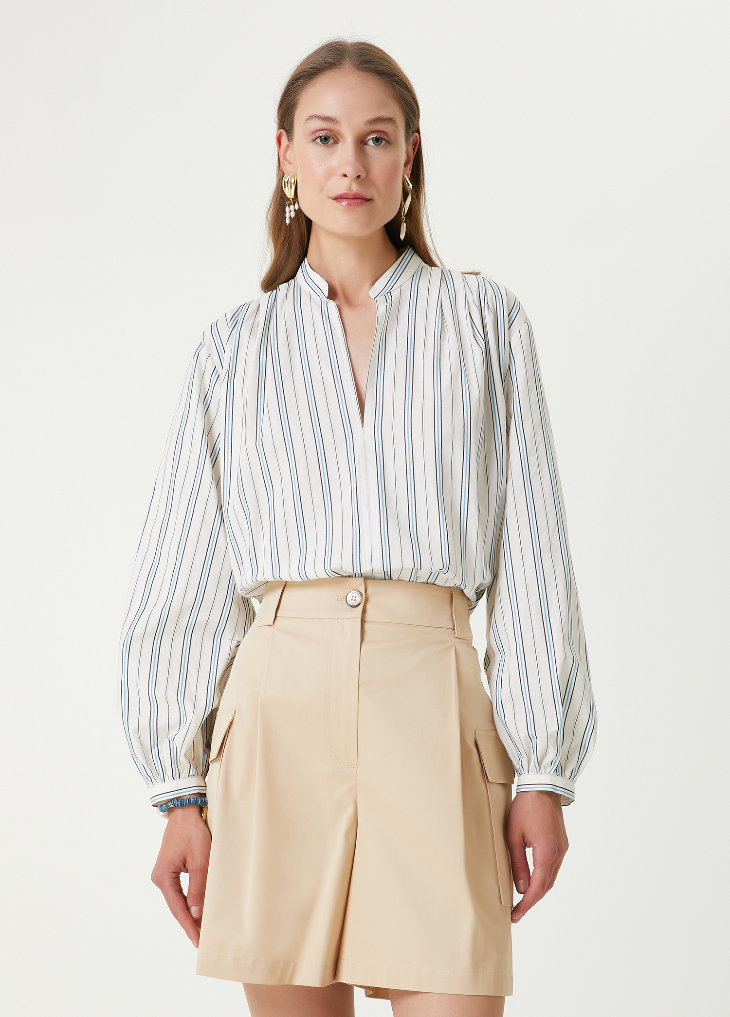 Beymen Collection Ekru Kadın Beyaz Mavi Çizgili Bluz 1469197 | Beymen