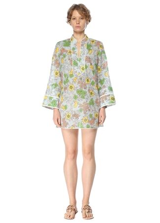 Tory Burch Kadın Mavi Dik Yaka Çiçekli Mini Elbise M EU