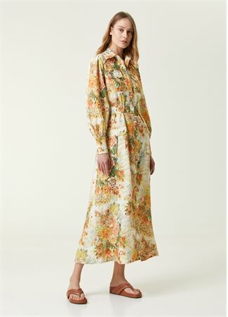 Alemais Kadın Çiçekli Balon Kol Midi Gömlek Elbise 0 US Alemais Kadın Çiçekli Balon Kol Midi Gömlek Elbise 0 US