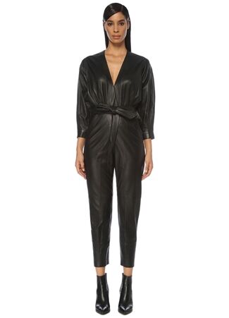 IRO Kadın Healy Siyah V Yaka Kuşaklı Kruvaze Deri Tulum 38 EU