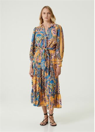 Oopscool Kadın Sarı Etnik Desenli Midi Etek XS EU