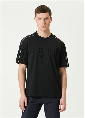 Fendi Erkek Siyah Logolu Omuzları Şeritli T-shirt L EU