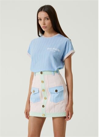 Balmain Kadın Mavi Bisiklet Yaka Çizgili T-shirt XS EU