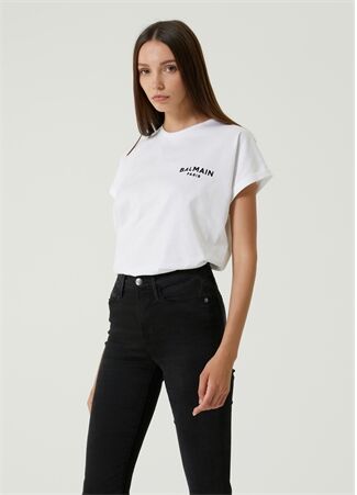 Balmain Kadın Beyaz Bisiklet Yaka Logolu T-shirt XS EU
