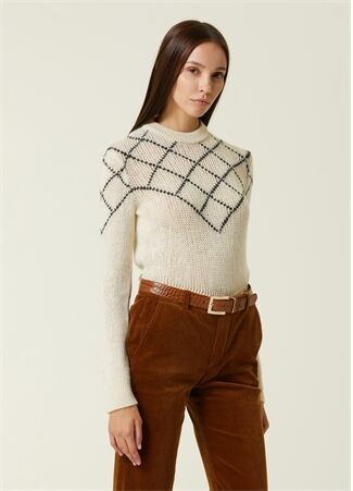 Kadın Krem File Jakarlı Yün Kazak Bej L EU Kadın Krem File Jakarlı Yün Kazak Bej L EU