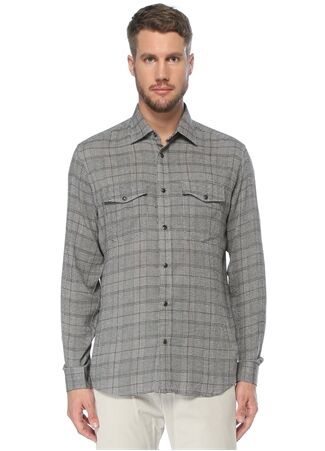 Z Zegna Erkek Gri İngiliz Yaka Ekoseli Gömlek 40 IT