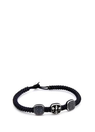 Boga Erkek Siyah İşlemeli Gümüş Rengi Bileklik Gri EU
